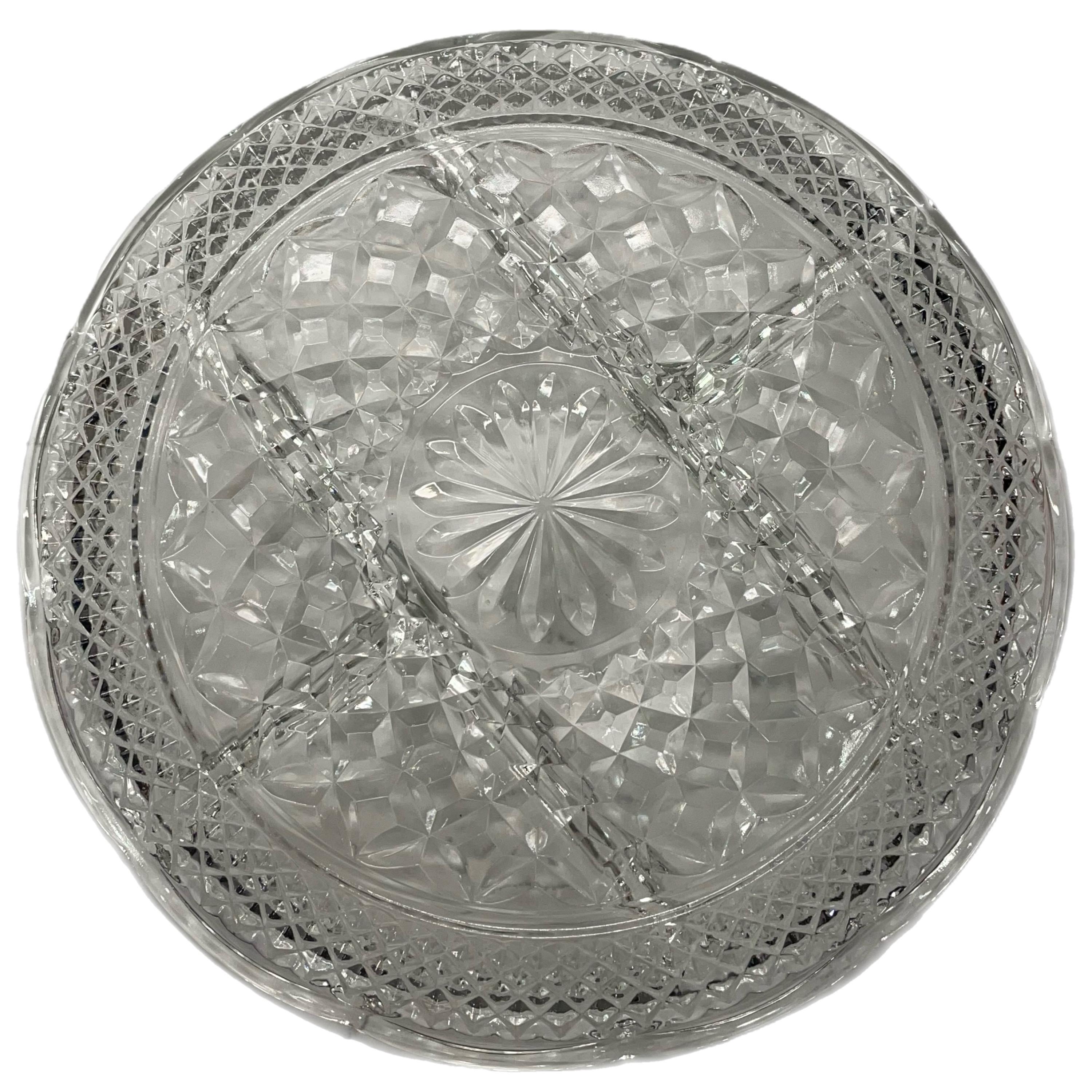 Antique 11” Thick Round Crystal Glass Round Divided Serving Plate Dish ...