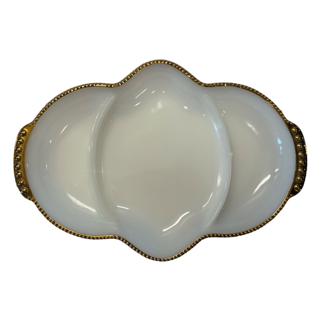 Vintage Fire King Oven Wear Divided Milk Glass Dish Gold Serving Tray ...