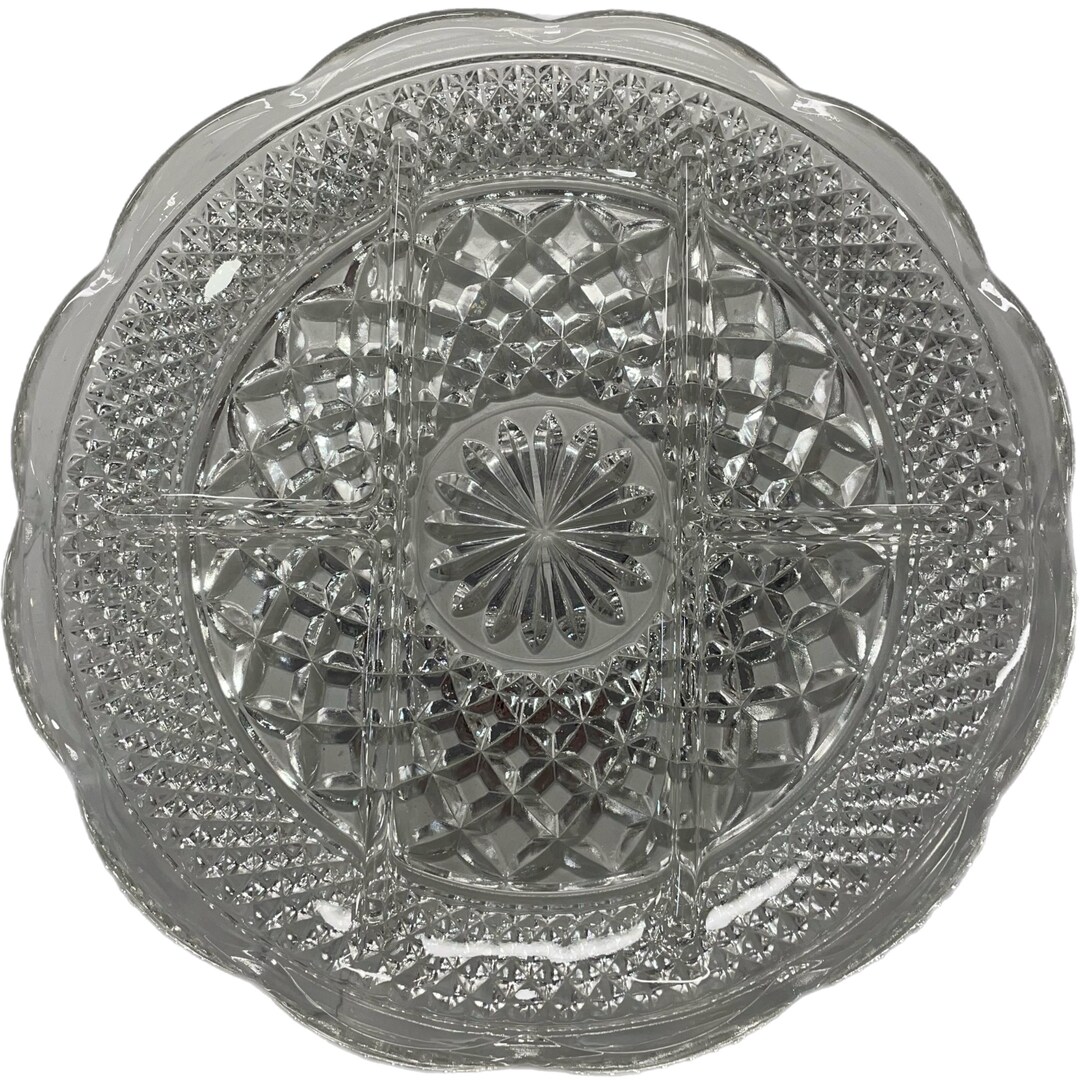 Antique 11” Thick Round Crystal Glass Round Divided Serving Plate Dish ...