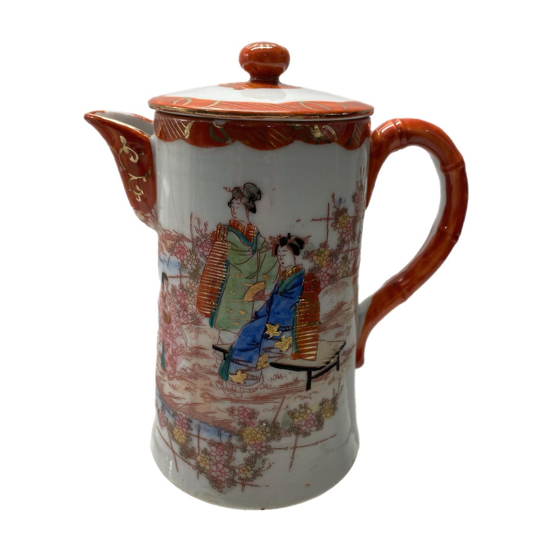 Vintage Porcelain Geisha Girl Tea Coffee Chocolate Pot Japan Orange ...