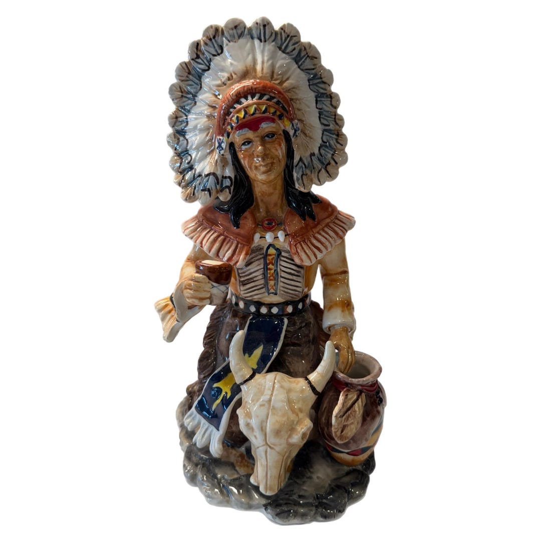 Vintage Native American Indian Chief Statue Figurine Ceramic With Skull ...