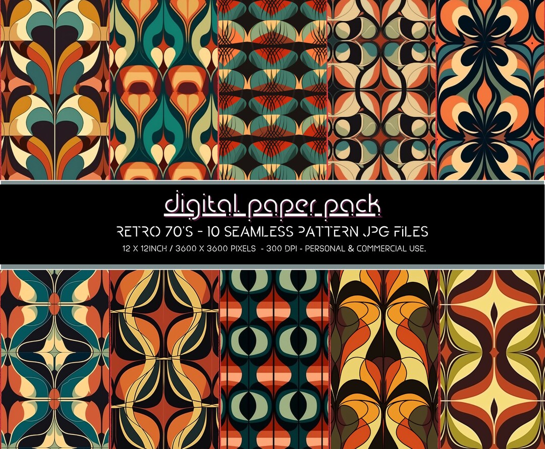 Retro 70s Patterns Seamless Digital Paper Pack Scrapbooking, Digital Background, POD, Amazon KDP ...