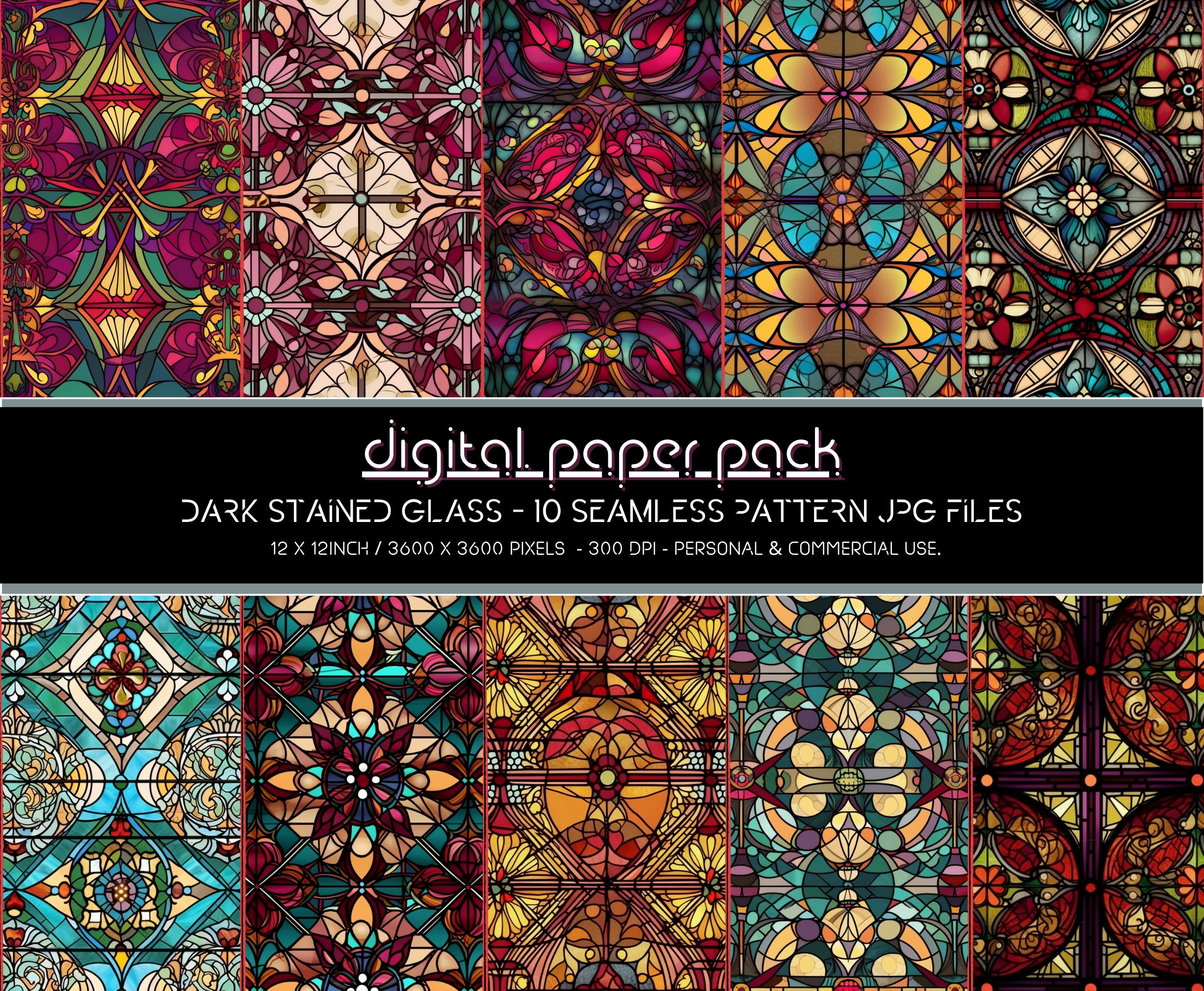 Dark Stained Glass Pattern Seamless Digital Paper Pack Scrapbooking ...