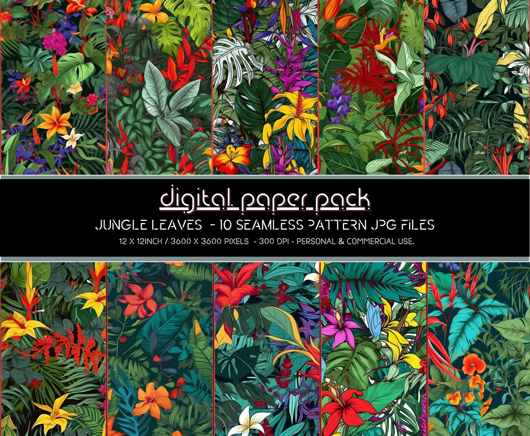 Jungle Leaves Patterns Seamless Digital Paper Pack Scrapbooking ...