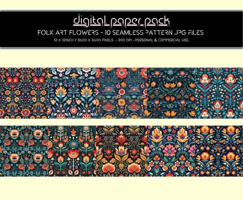 Folk Art Flower Patterns Seamless Digital Paper Pack - Etsy