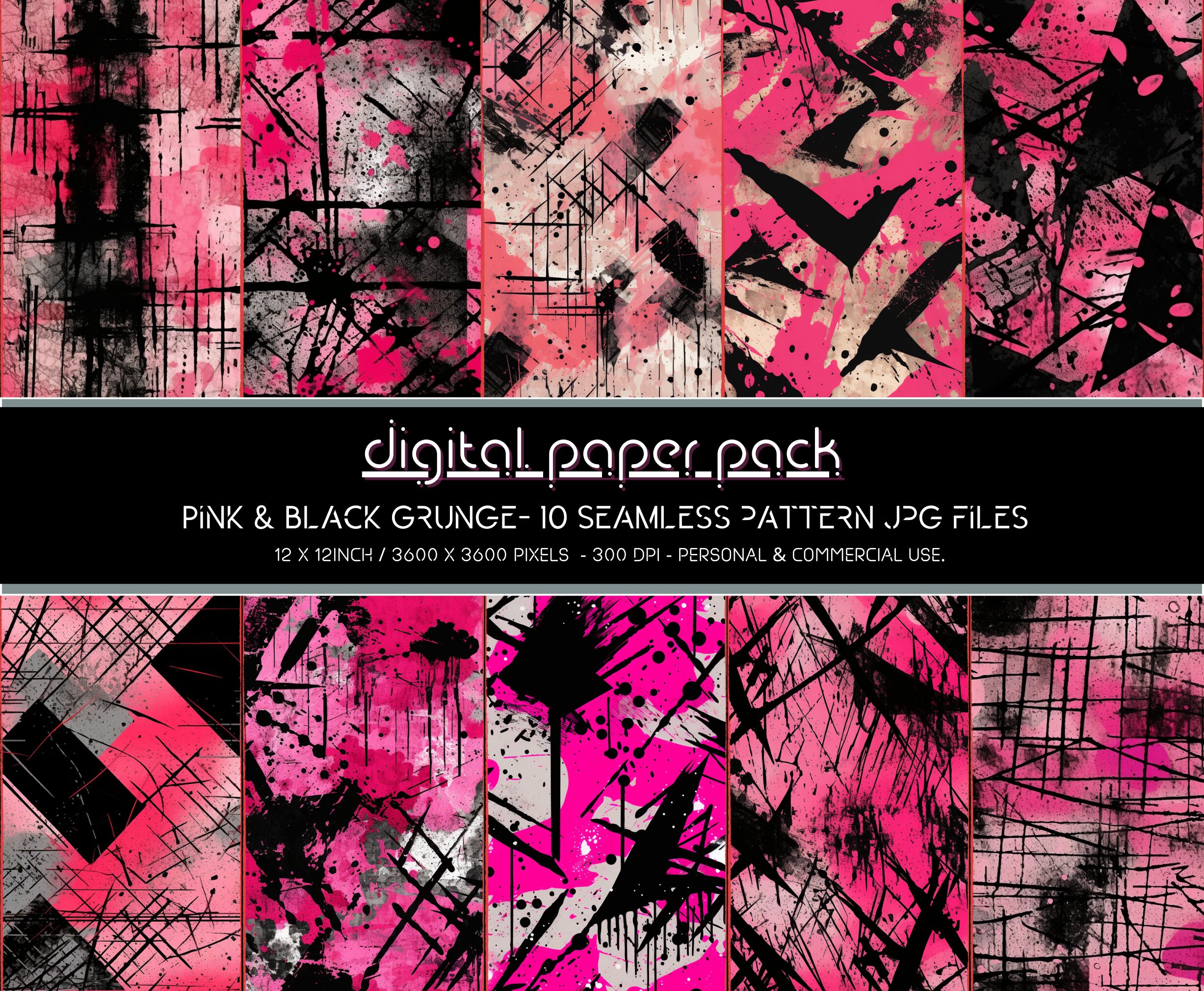 Pink & Black Grunge Patterns Seamless Digital Paper Pack Scrapbooking ...