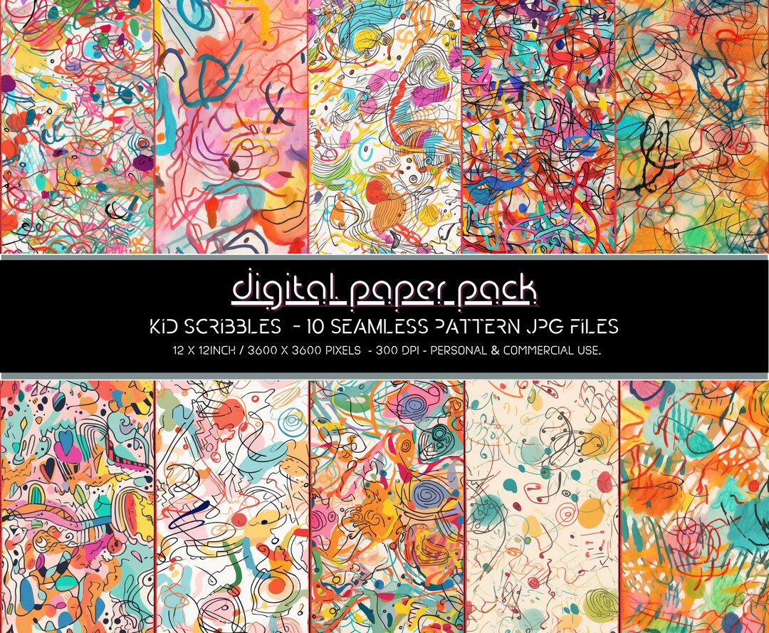 Kid Scribbles Patterns Seamless Digital Paper Pack Scrapbooking ...