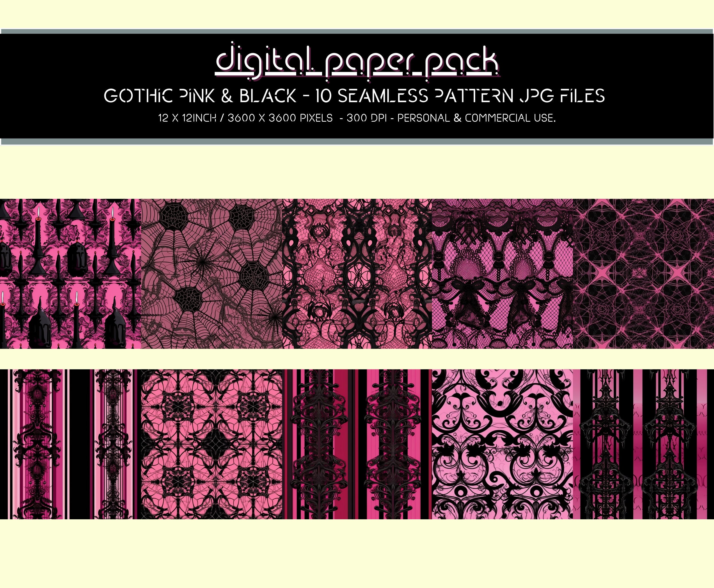 Gothic Hot Pink & Black Patterns - Seamless Digital Paper Pack ...