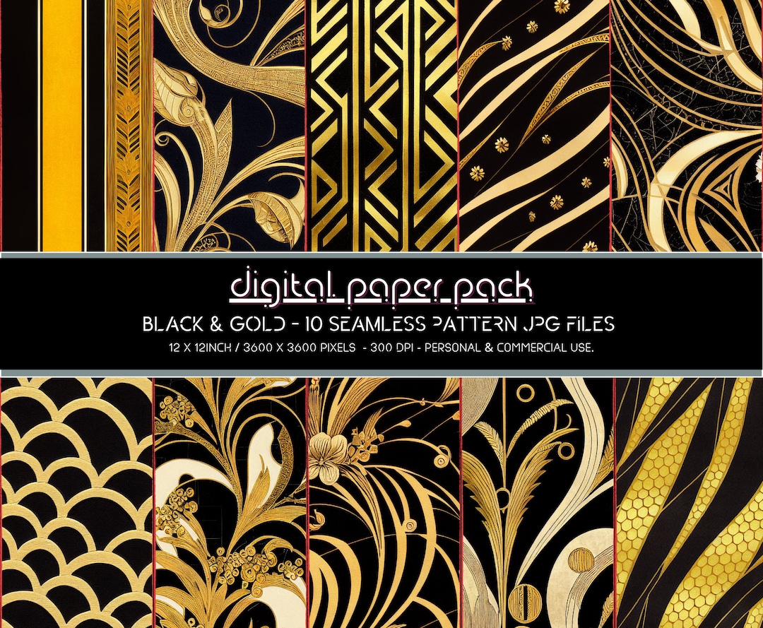 Black & Gold Patterns - Seamless Digital Paper Pack - Scrapbooking ...