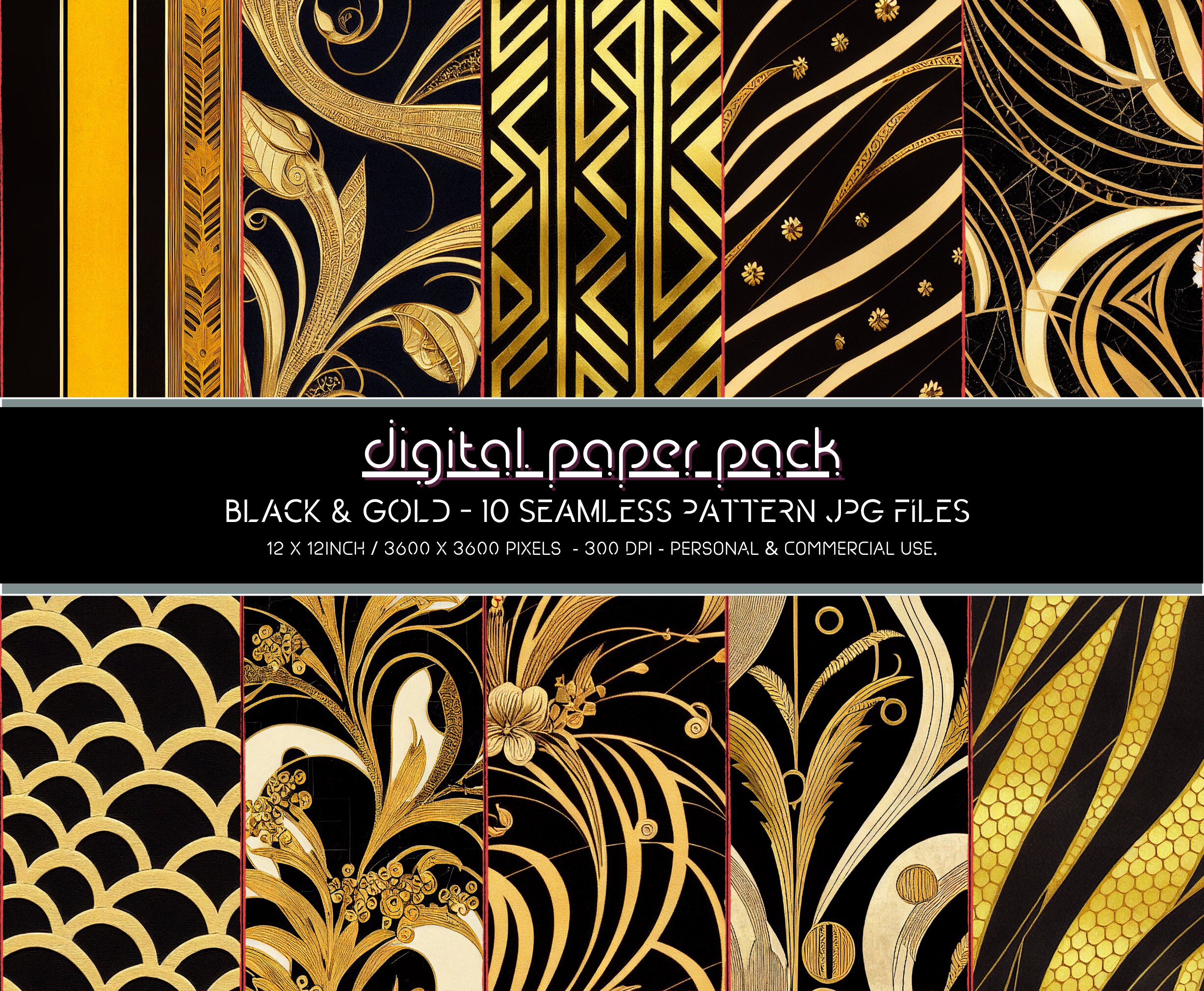 Black & Gold Patterns - Seamless Digital Paper Pack - Scrapbooking ...