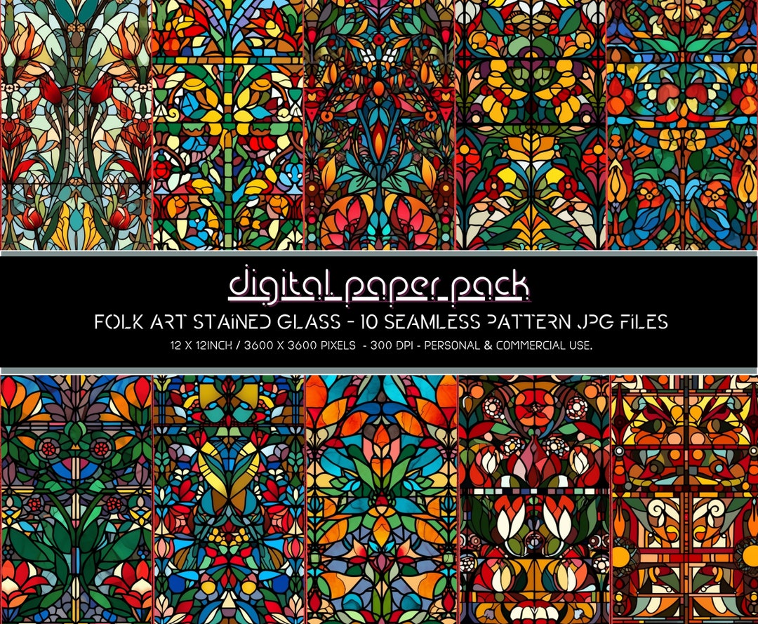Folk Art Stained Glass Patterns Seamless Digital Paper Pack ...