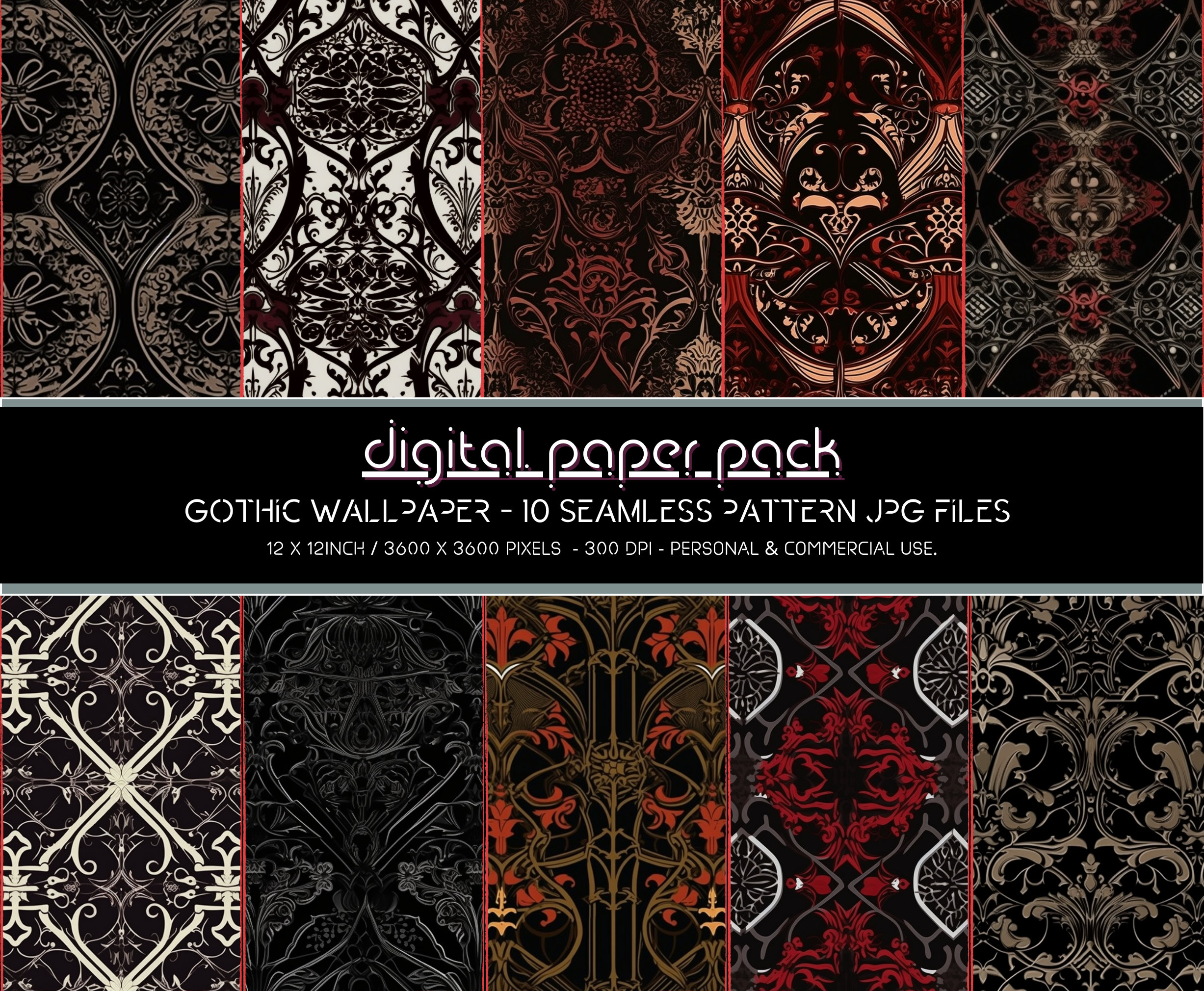 Gothic Wallpaper Patterns Seamless Digital Paper Pack Scrapbooking Digital Background POD KDP ...