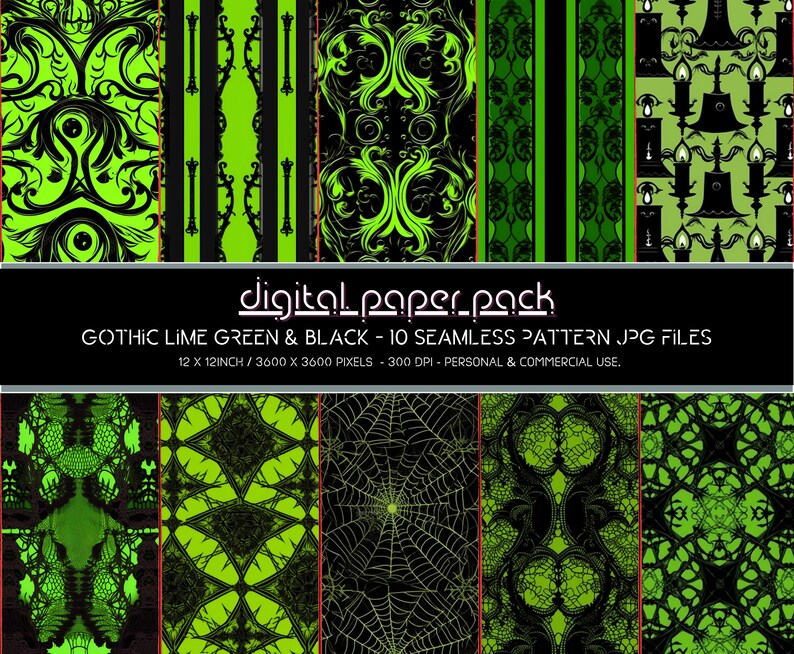 Gothic Lime Green & Black Patterns - Seamless Digital Paper Pack ...