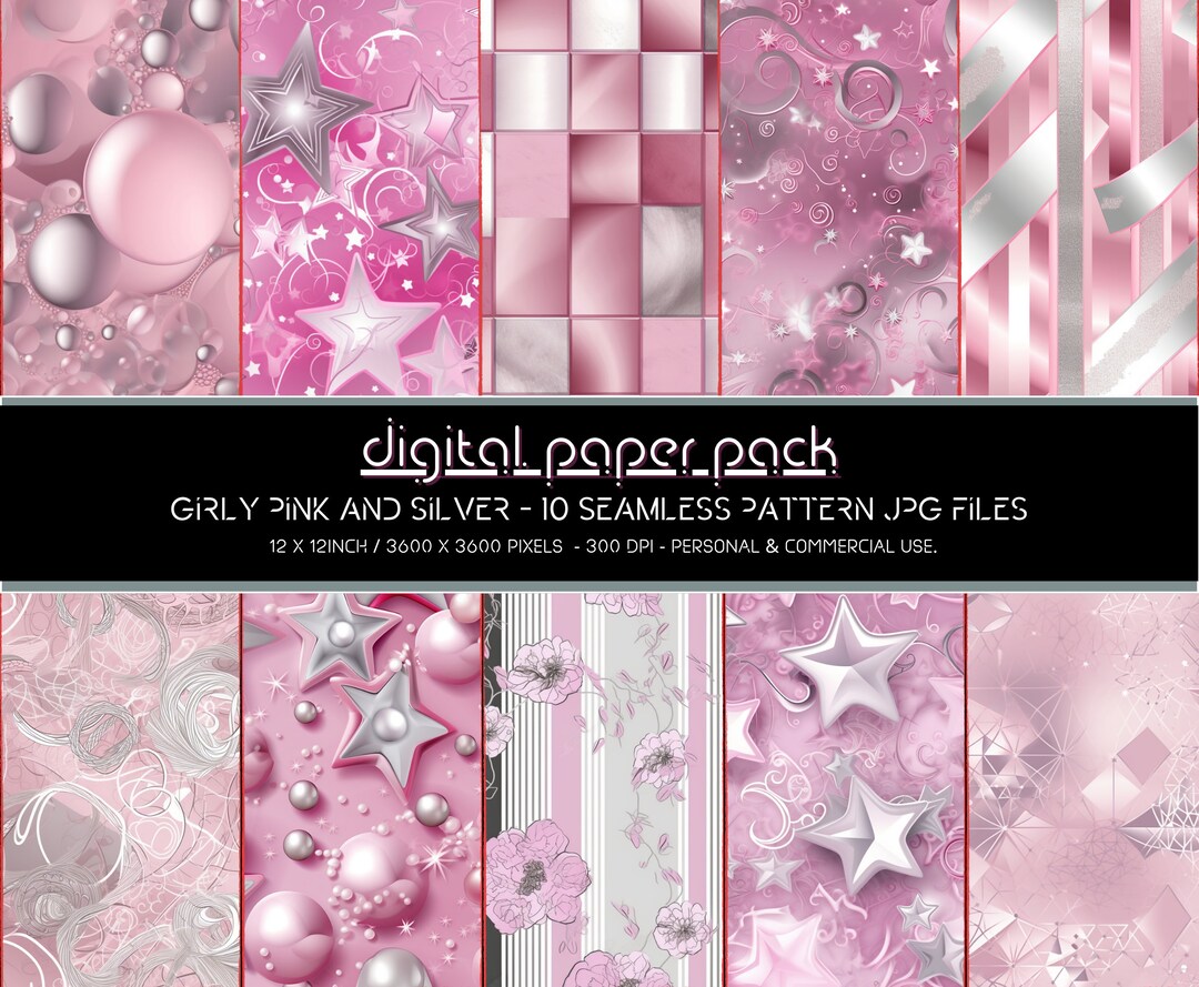 Girly Pink and Silver Patterns - Seamless Digital Paper Pack ...