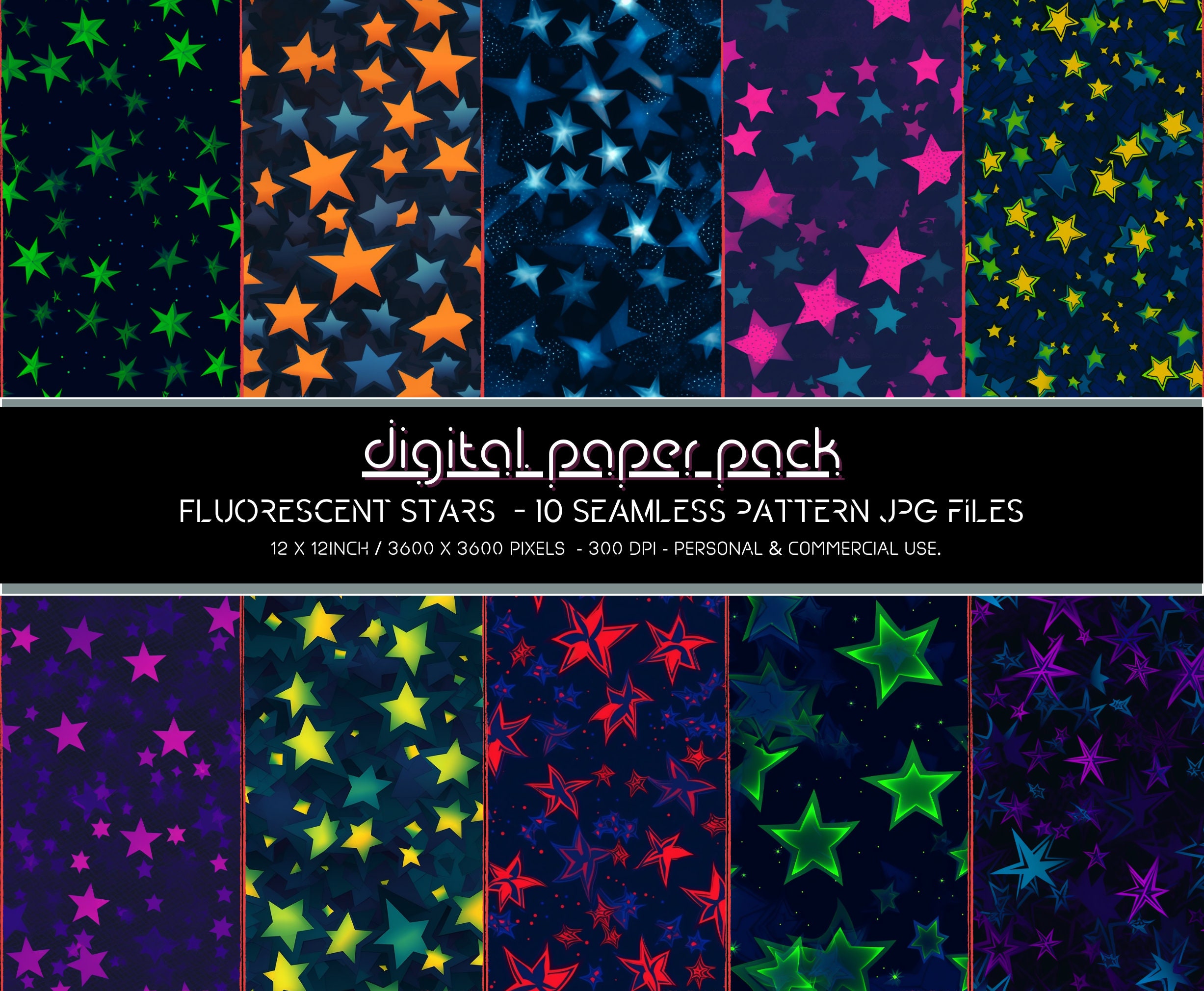 Fluorescent Stars Patterns - Seamless Digital Paper Pack - Scrapbooking ...