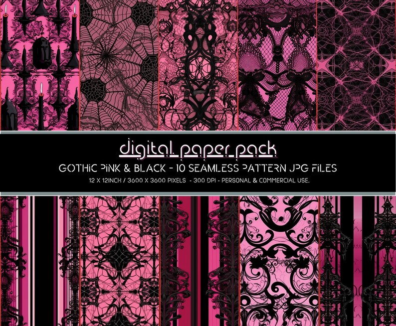 Gothic Hot Pink & Black Patterns - Seamless Digital Paper Pack ...