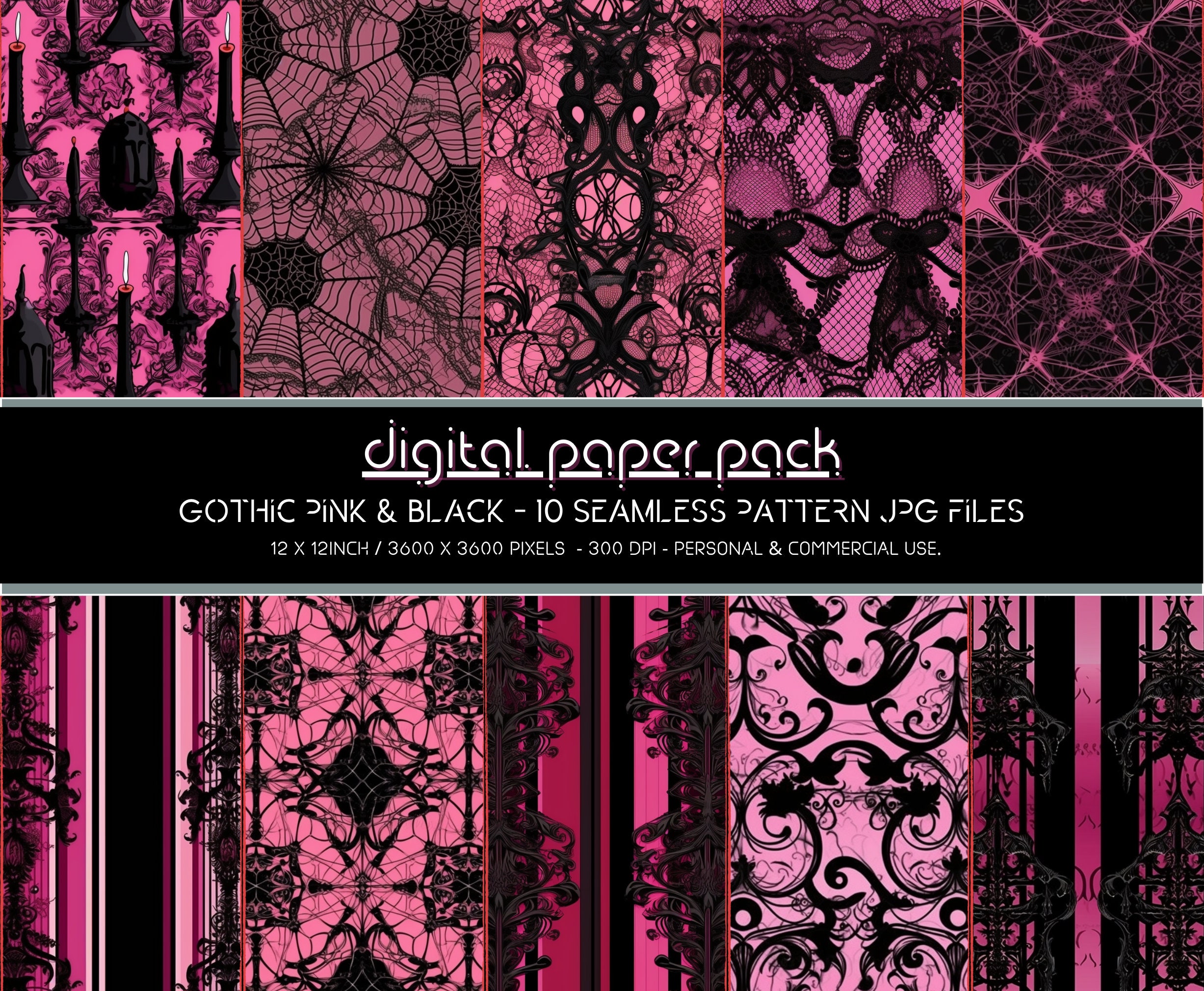 Gothic Hot Pink & Black Patterns - Seamless Digital Paper Pack ...