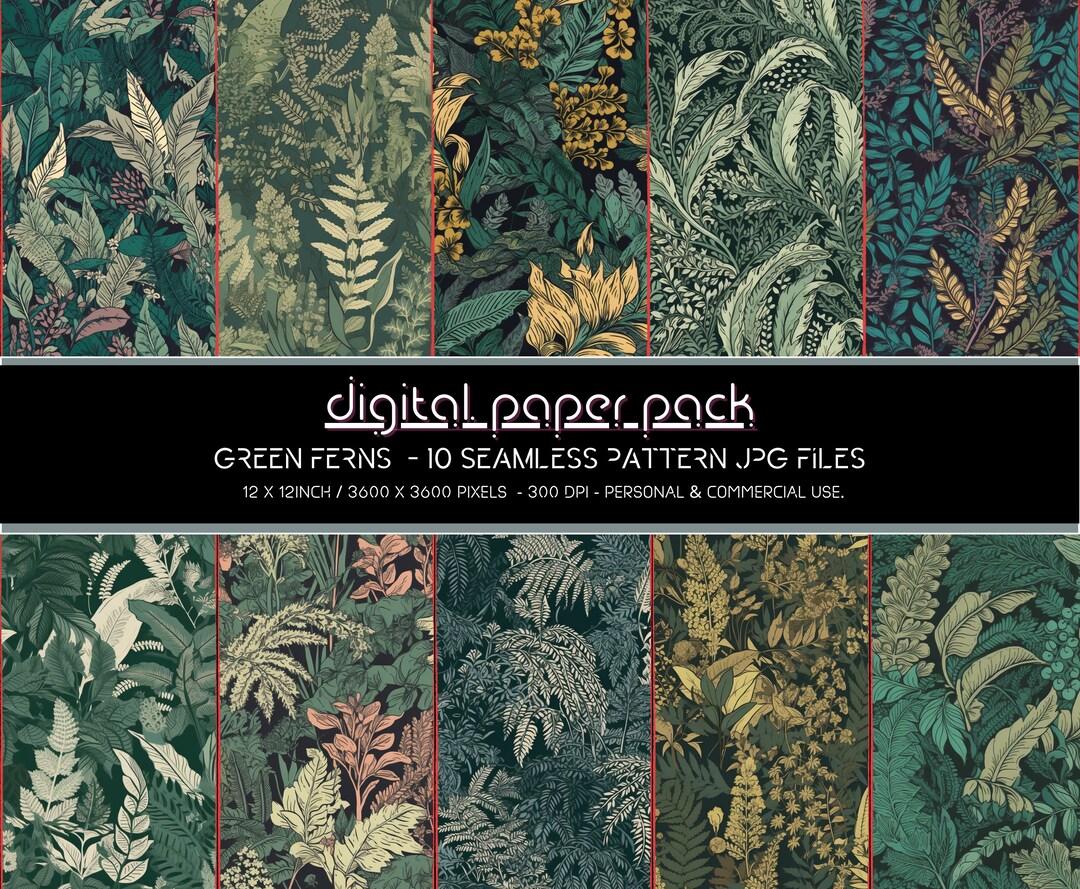 Green Ferns Patterns Seamless Digital Paper Pack Scrapbooking, Digital ...