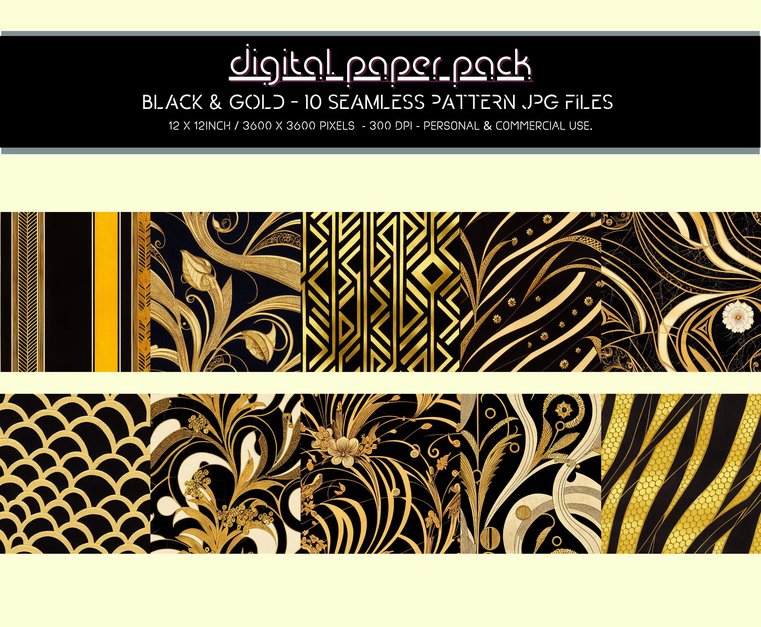 Black & Gold Patterns - Seamless Digital Paper Pack - Scrapbooking ...