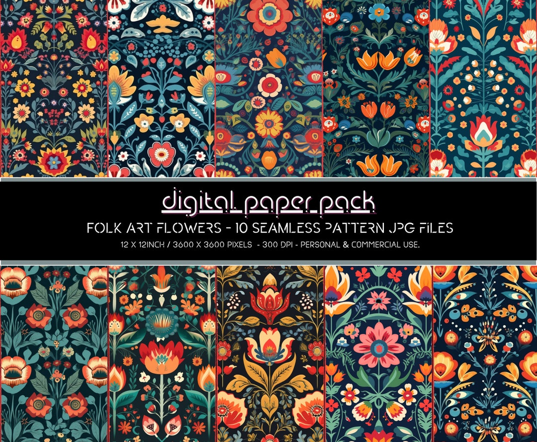 Folk Art Flower Patterns Seamless Digital Paper Pack Scrapbooking ...
