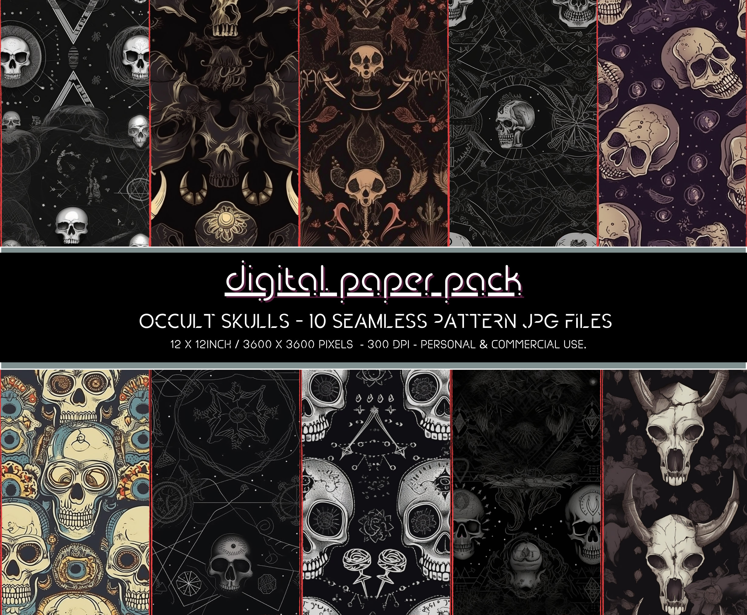Occult Skulls Patterns Seamless Digital Paper Pack Scrapbooking Digital ...