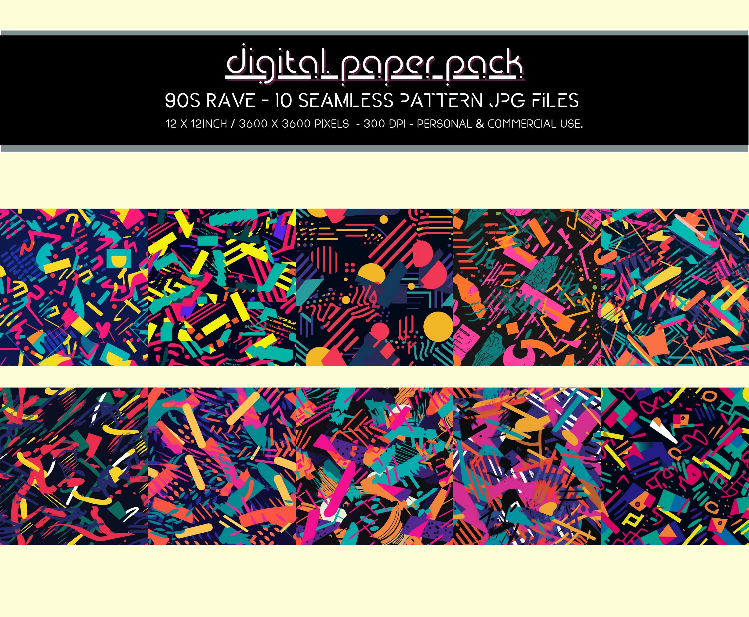 90's Rave Patterns Seamless Digital Paper Pack Scrapbooking Digital ...