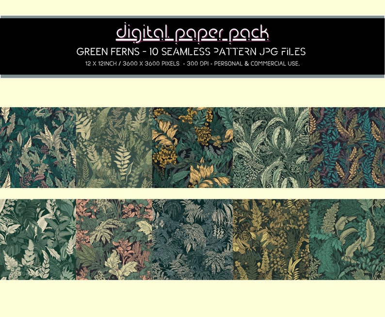 Green Ferns Patterns Seamless Digital Paper Pack Scrapbooking, Digital ...