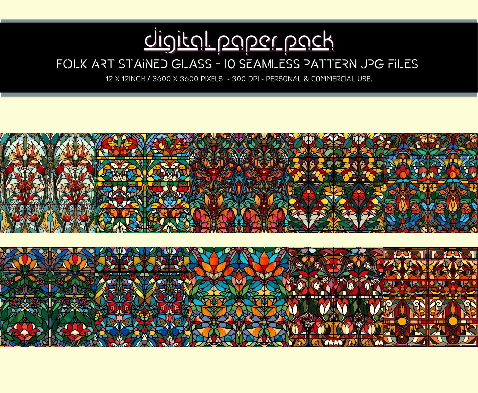 Folk Art Stained Glass Patterns - Seamless Digital Paper Pack ...