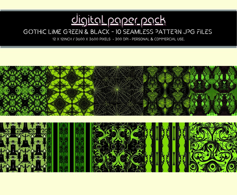 Gothic Lime Green & Black Patterns Seamless Digital Paper Pack ...