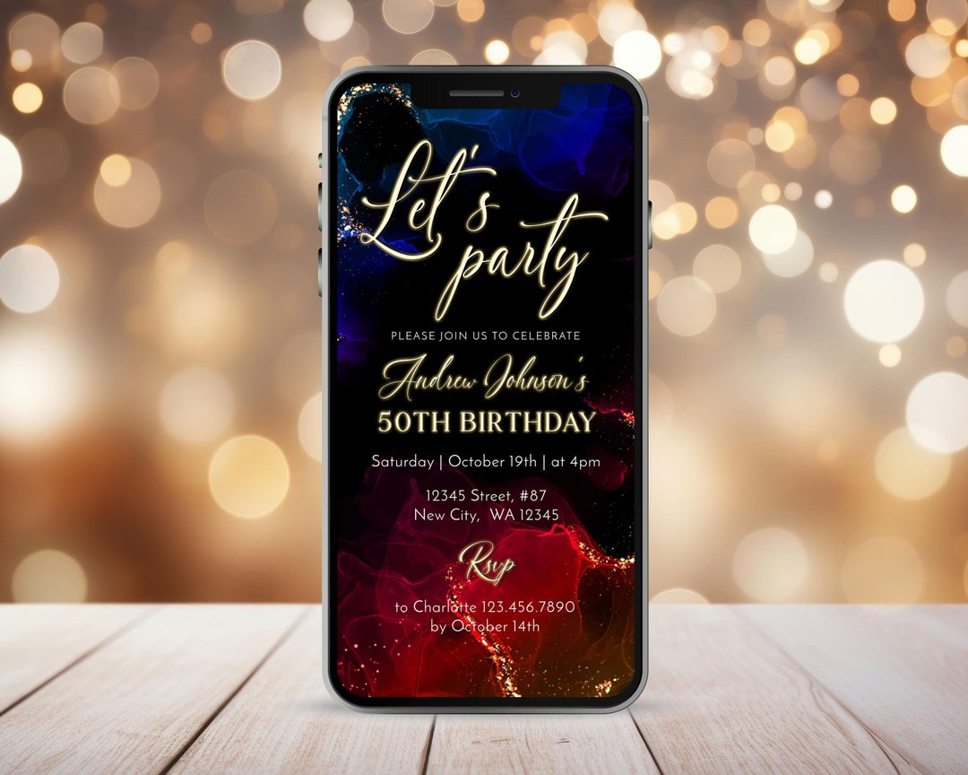 Digital Birthday Let's Party Invitation, Blue Red Gold Mobile Invite ...