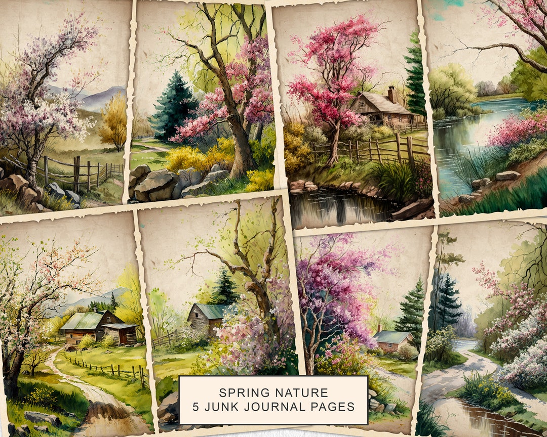 Watercolor Spring Nature Junk Journal Kit, Spring Scene Journal Pages ...