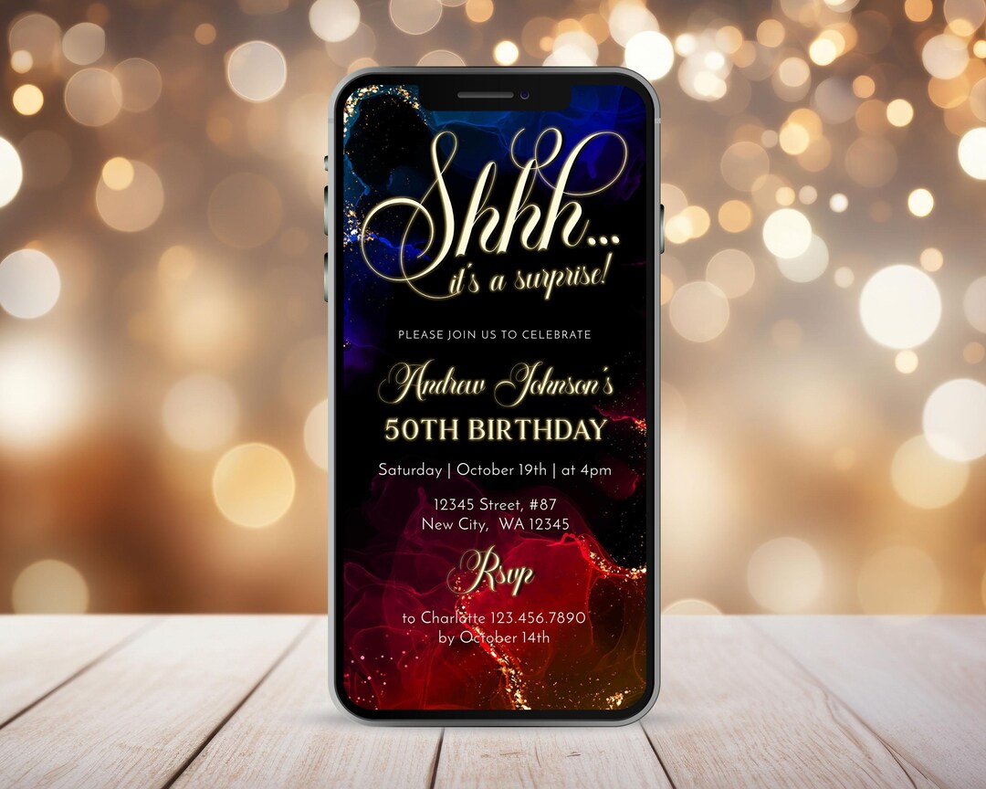 Digital Surprise Party Invitation, Blue Red Gold Mobile Birthday Invite ...