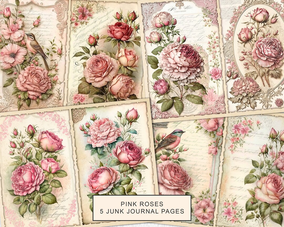 Pink Roses Junk Journal Pages, Vintage Roses Junk Journal Kit, Junk ...