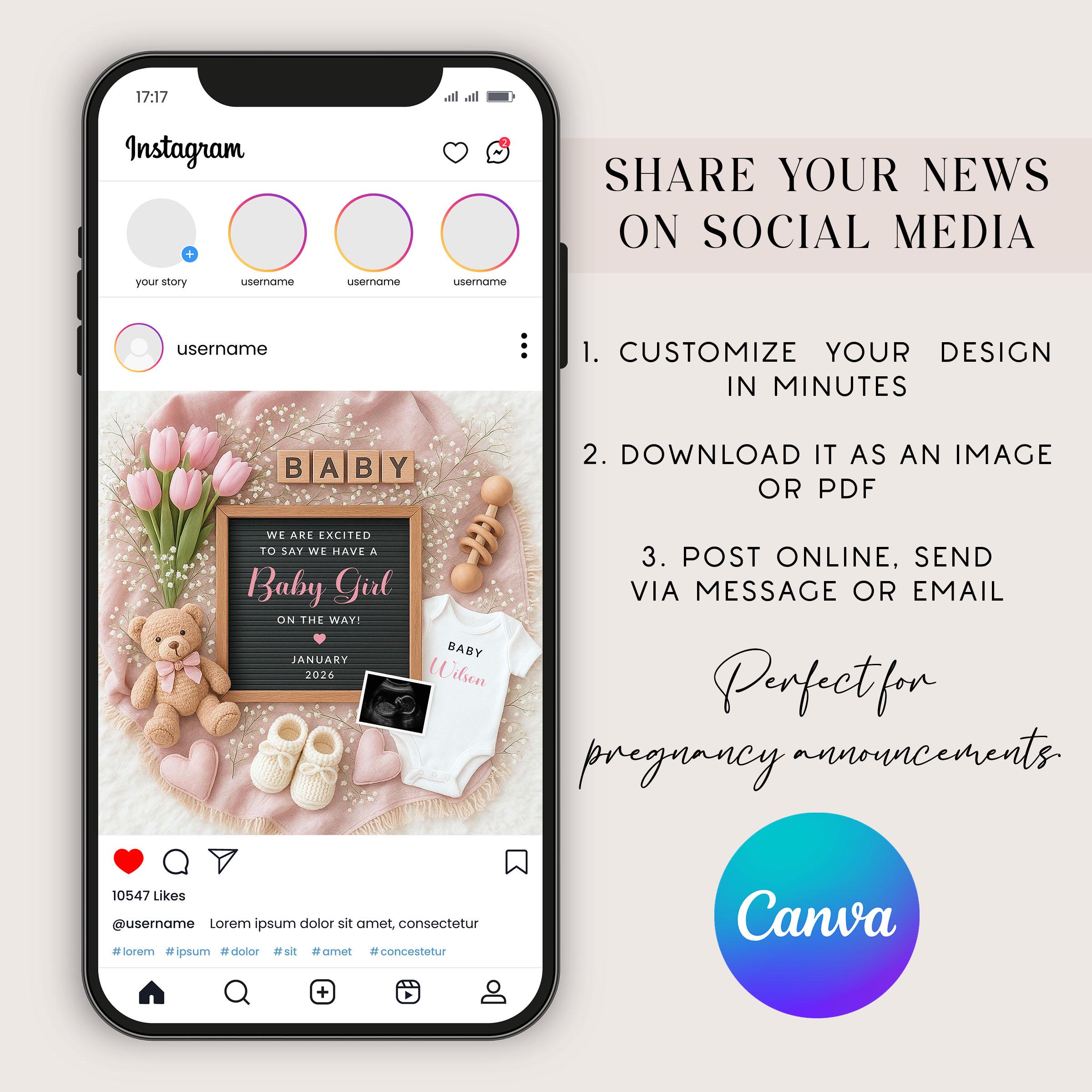 Editable Baby Announcement: Social Media Pregnancy Reveal Canva ...