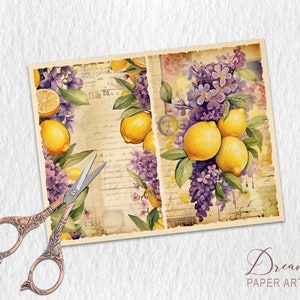 Watercolor Lilac and Lemons Junk Journal Pages, Vintage Lemons Junk ...