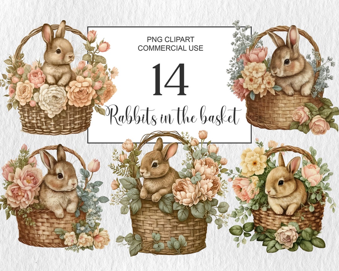 Rabbit in Basket Clipart Watercolor Bunny Clipart, Vintage Bunny in ...