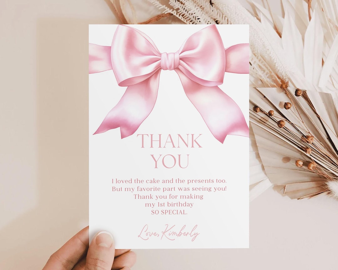 Coquette Pink Bow Thank You Card, Pink Bow First Birthday Thank You ...