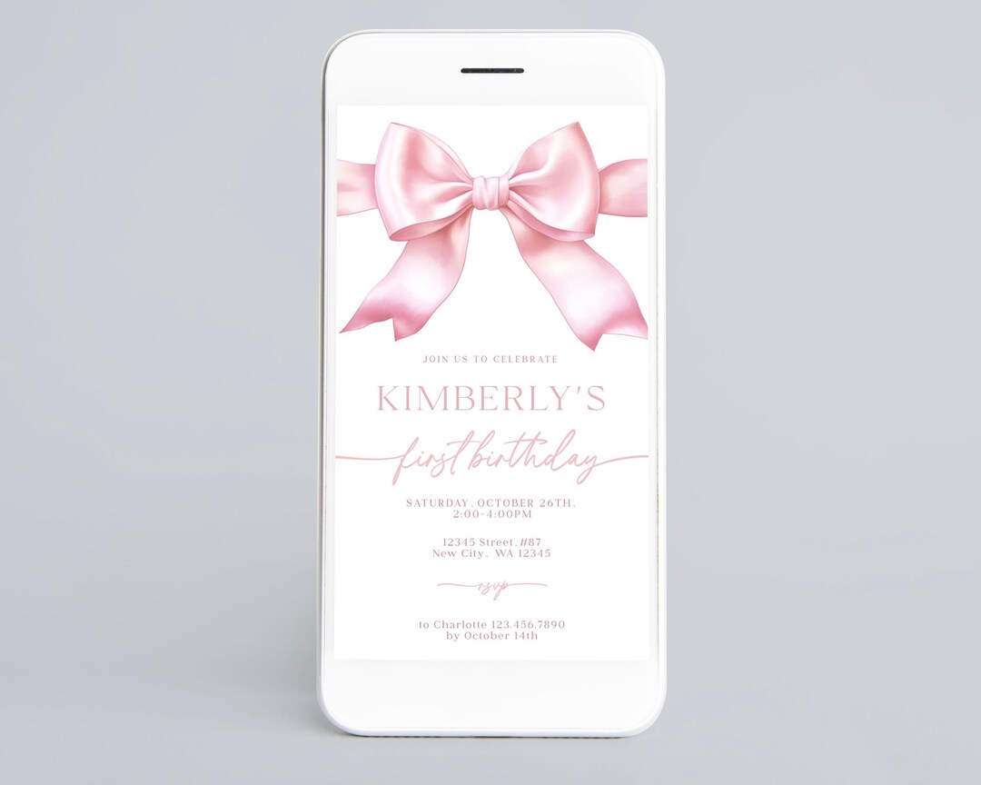 Pink Bow Birthday Electronic Invite, Girl First Birthday Phone ...