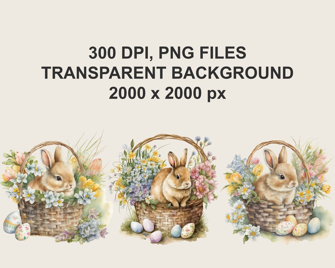 Easter Bunny Clipart PNG Cute Bunny Watercolor Clipart, Bunny in Basket ...