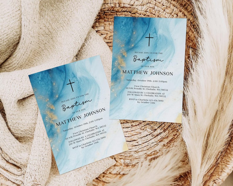 Blue Baptism Invitation Template: Boy Christening Invite (digital ...