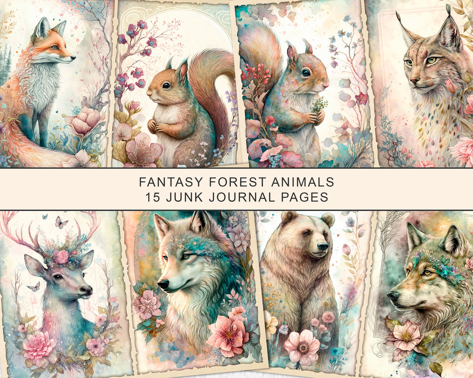 Fantasy Forest Animals Junk Journal Kit Watercolor Bear Fox Wolf ...