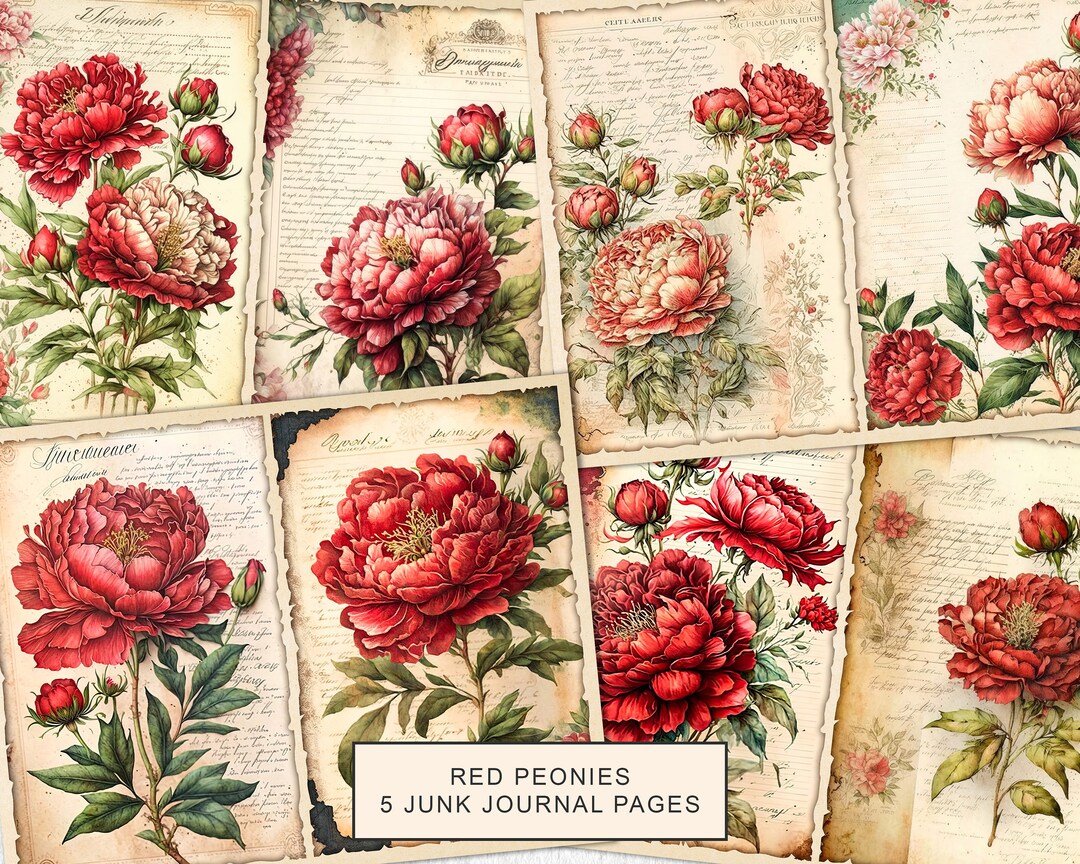 Red Peonies Junk Journal Pages, Vintage Peony Junk Journal Kit, Junk ...