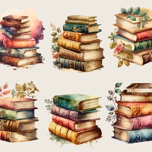 Watercolor Old Books With Flowers Clipart, Vintage Stack of Books Png ...