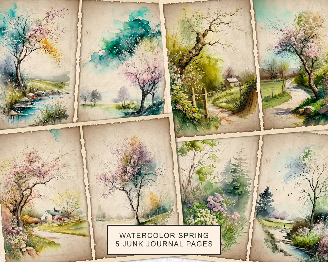 Watercolor Spring Junk Journal Kit, Spring Nature Scene Journal Pages ...