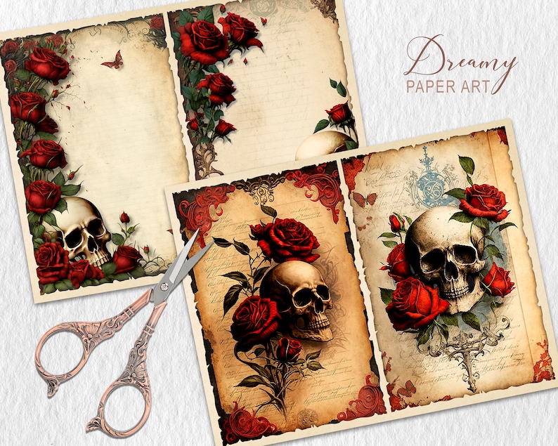 Gothic Skull & Red Roses Junk Journal Pages: Vintage Collage (digital ...