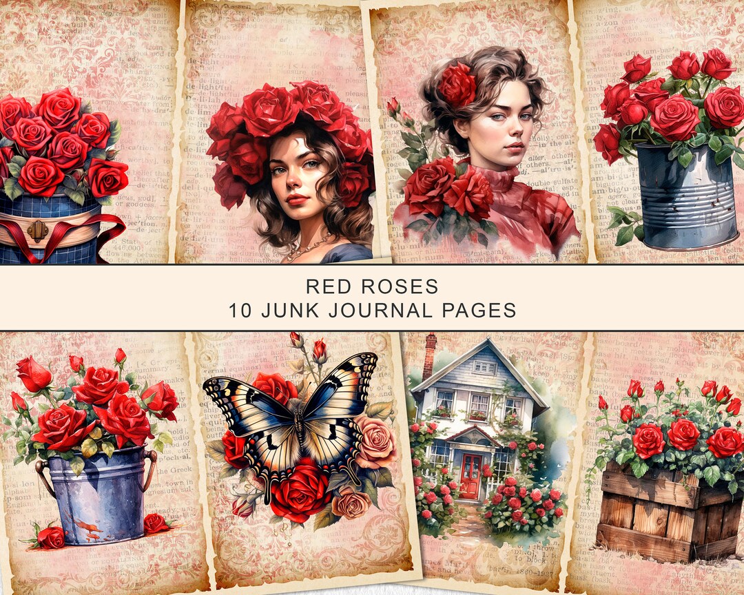Red Roses Junk Journal Kit, Vintage Red Roses Junk Journal Pages ...