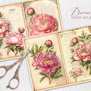 Pink Peonies Junk Journal Pages, Vintage Peony Junk Journal Kit, Junk ...