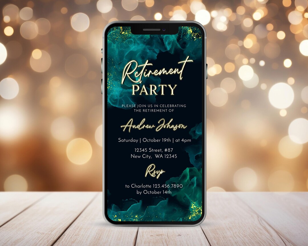 Digital Retirement Party Invitation, Blue Green Gold Mobile Invite ...