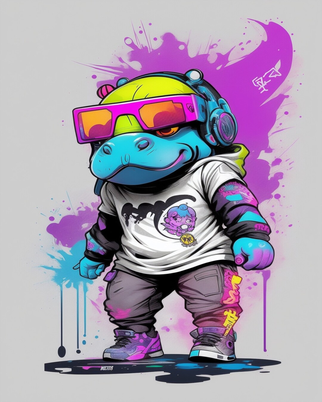 Hippo Doing Hip Hop Modern Art Print, Colorful Bedroom Decor (digital ...