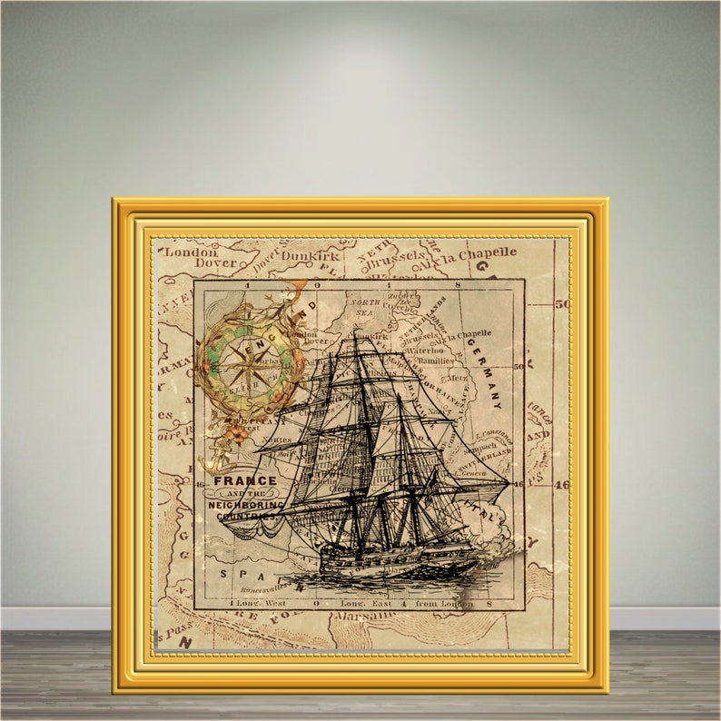 Vintage Nautical Exploration, Navigation Maps Charts, Digital Art Print ...
